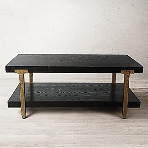 Uolfin Coffee Tables for Living Room with Oak Veneer and Vintage Gold Metal Legs, 42" L