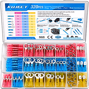 Kuject 320PCS Heat Shrink Wire Connectors Kit, Electrical Waterproof Crimp Butt Terminals, Insulated Spade Connectors for Automotive Marine Boat Truck, Include Rings Forks Spade Butt Splices