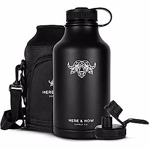 Growler for Beer & Water | 64 oz Double Wall Vacuum Insulated Stainless Steel Thermos Bottle | Jug for Hot & Cold Beverages | Carry Case with Pocket Included | by Here & Now Supply Co. (Black)