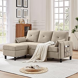 Soscana 77" Convertible Sectional Sofa, Modern Linen Fabric Small L Shaped Couch with Reversible Chaise, 3-Seat Sofa Couches for Living Room, Apartment and Small Space,Beige