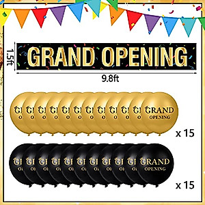 Charniol Large Grand Opening Banner 30 Pieces Latex Balloons Decorations 12 Inch 18 x 118 Retail Store Shop Business Restaurant Banners Flag (Black, Gold)