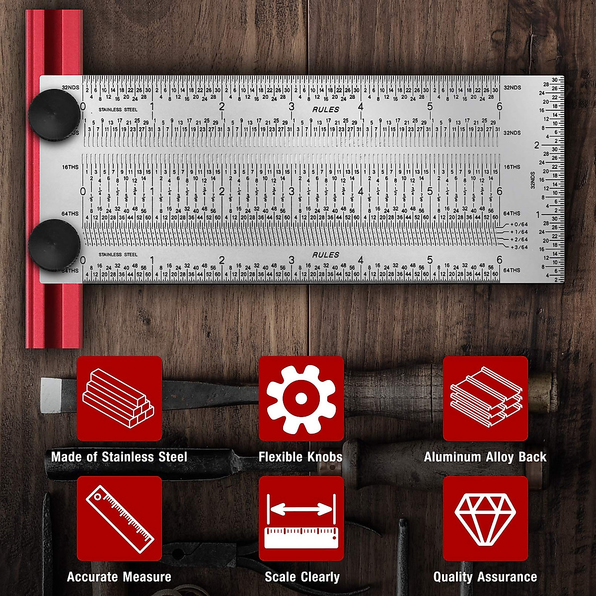 T-Rule,Precision Marking T-Rule,Precision Woodworking Tools T-Square,Stainless Steel Positioning Scribing Gauge, Carpenter Mark T-Rule (6inch)