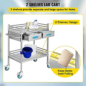 VEVOR Lab Serving Cart Utility Cart Stainless Steel Medical Cart with Two Drawers for lab Equipment Use Grade I Stainless Steel Utility Services (2 Shelves/ 2 Drawer)