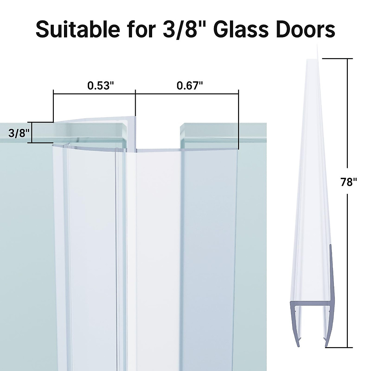 AmazerBath Shower Door Side Seal Strip (Set of 2), Frameless Glass Shower Door Seal Strip - Suitable for 3/8 Inch Glass, 78 inch