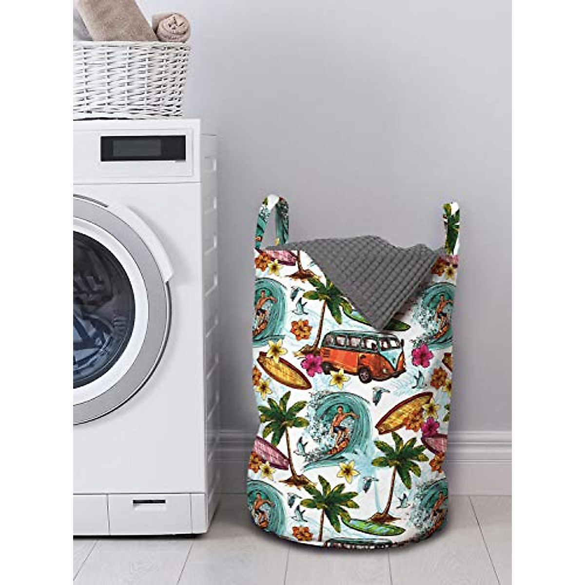 Ambesonne Ocean Organizer Fabric Hamber Basket Bag for Dorm & Laundry Room Organization Hawaiian Surfer Wavy Deep Sea Retro Palms Flowers Print Sturdy Handles Drawstring Closure 13" x 19" Multicolor