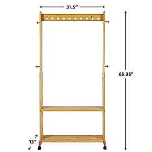 LUCKWIND Freestanding Garment Rack Clothes Racks, Rolling Clothing Racks for Hanging Clothes, Wooden Hanger with 2-Tier Shelves, Shoe Clothing Storage Organizer for Entryway