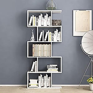 TinyTimes 5-Tier Wooden Bookcase, S-Shape Display Shelf and Room Divider, Freestanding Decorative Storage Shelving, 63'' Tall Bookshelf -White