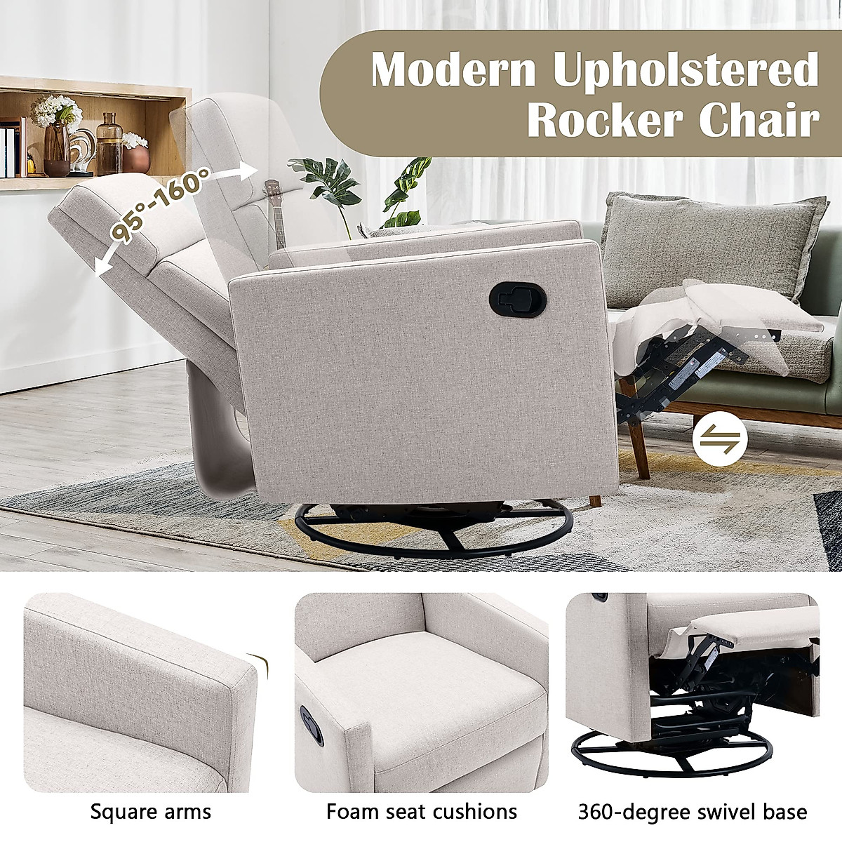 UFINEGO Swivel Rocker Recliner Chair, Manual Glider Recliner, 360 Degree Swivel Reclining Sofa Chair with Adjustable Backrest for Living Room, Apartment