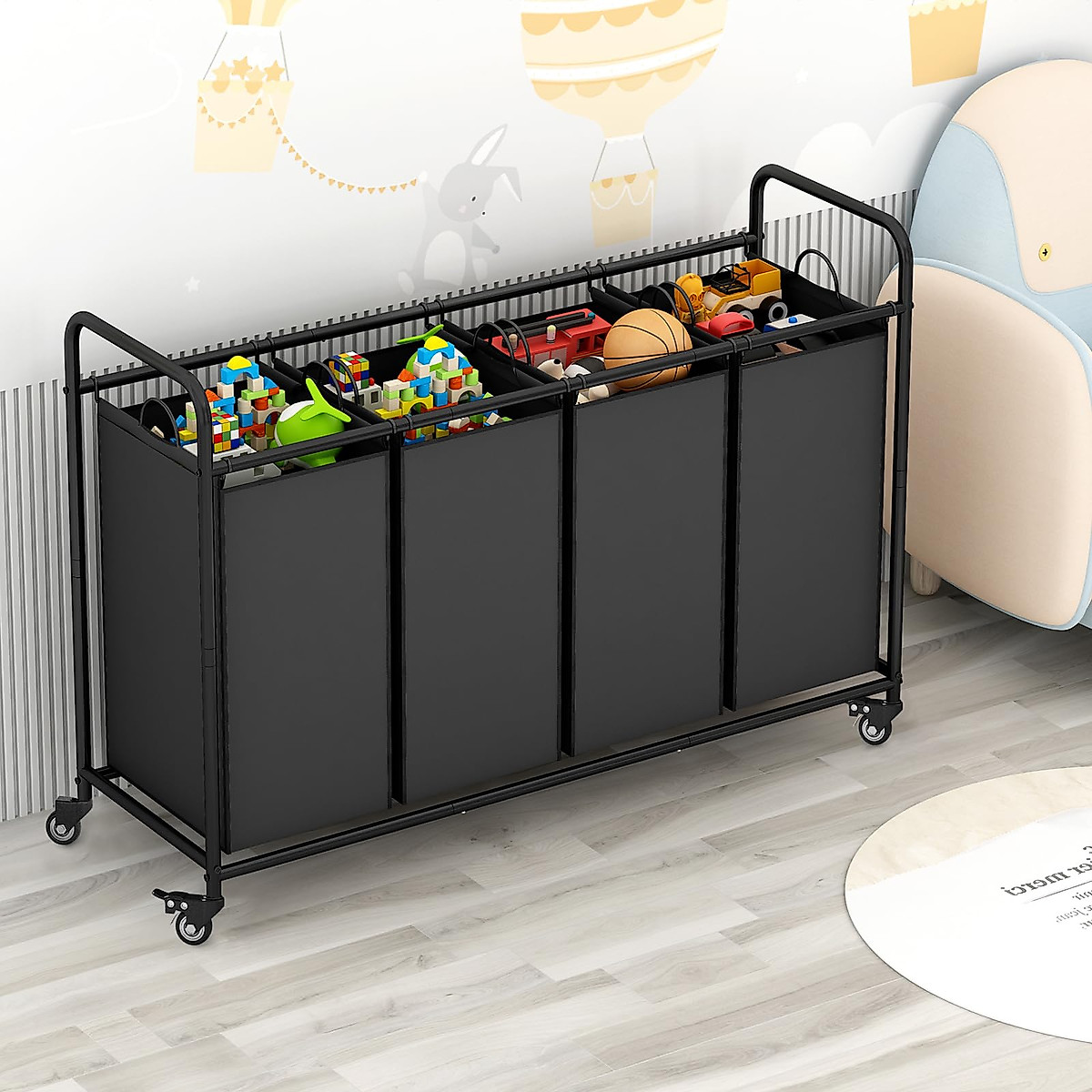 LINZINAR 4 Bag Laundry Basket Sorter Laundry Hamper Cart with Heavy Duty Rolling Lockable Wheels and Removable Bags,Black