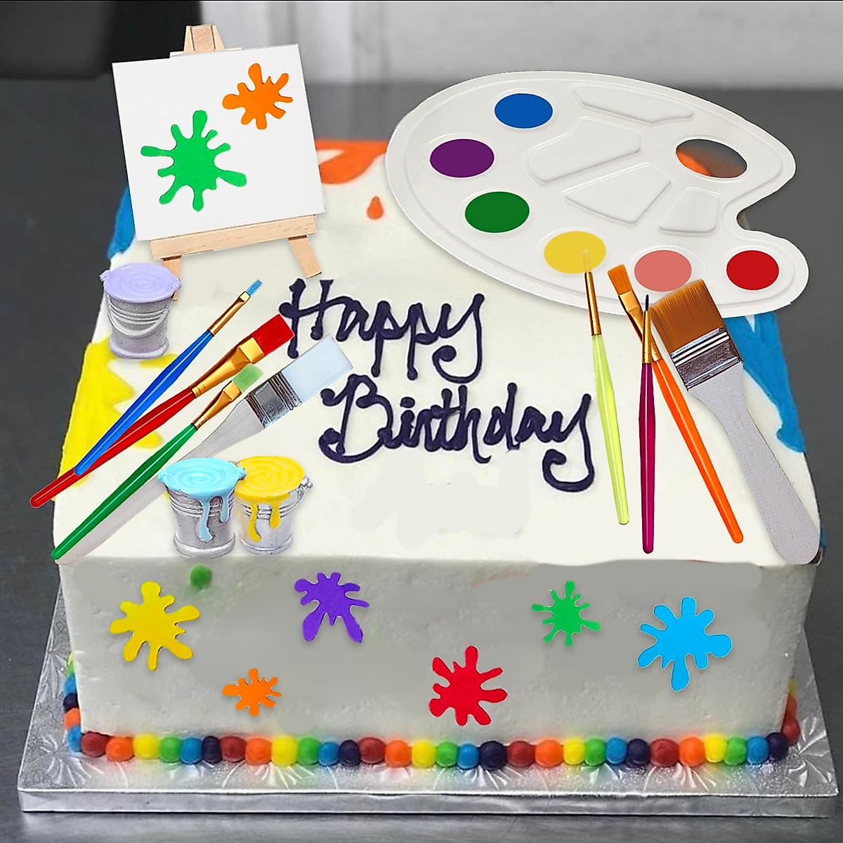 26 Pcs Art Cake Topper Paint Cake Decorations Painting Cake Toppers include Paint Pen Brush Painting Bucket Palette for Kids Birthday Baby Shower Art Themed Party Cake Decoration Supplies