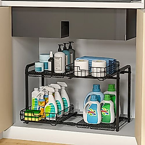 Expandable Under Sink Organizers and Storage, 2-Tier Cabinet Organizer Shelf with 2 Slide-out Baskets, Adjustable Large Under Sink Storage Racks for Bathroom Kitchen,Black
