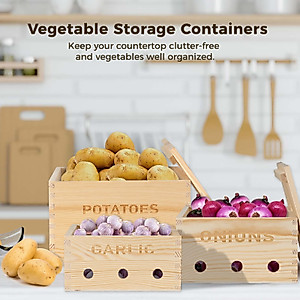 Vegetable Wooden Storage Bins, 3 PCS Potato Onion and Garlic Storage Containers Stackable Vegetable Storage Boxes with Ventilation Holes and Removable Lids for Kitchen Countertop, 6.6", 7.9", 9.1"