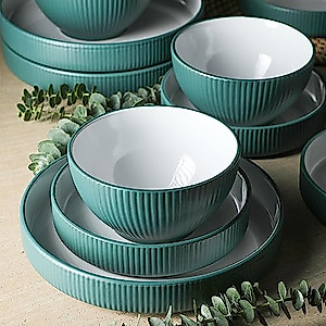 Christian Siriano Larosso 12-Piece Stoneware Dinnerware Set with Dinner Bowls and Pasta Bowls, Plates and Bowls Set, Dish Set for 4, Green