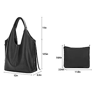 Women genuine leather hobo handbag: large capacity shopping bag tote shoulder purse black