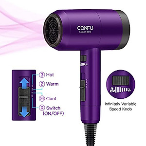 Ionic Hair Dryer, Portable Lightweight Diffuser Hair Dryer, Hair Blow Dryer with 2 Attachments Use for Curly/Wavy/Straighten Hair, Blow Dryer Fast Drying Ideal Chocie for Women and Girls Purple
