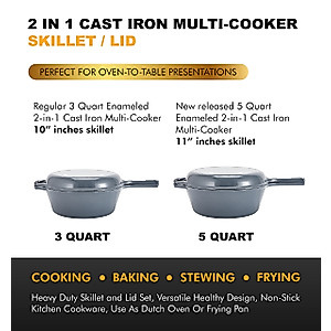 Bruntmor 2-in-1, 5 Quart Enamel Cast Iron Dutch Oven With Handle, 5 Qt Grey Cast Iron Skillet, Enamel All-in-One Cookware Braising Pan For Casserole Dish, Crock Pot Covered With Cast Iron