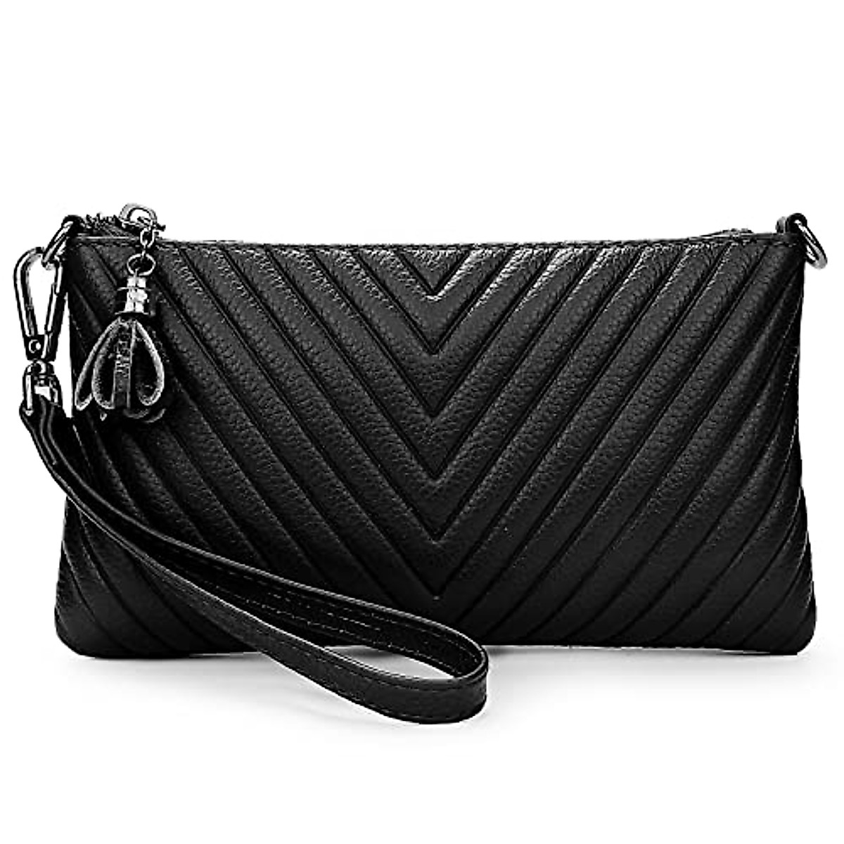 YALUXE Womens Wristlet Real Leather Chevron Tassel Large V Clutch Wallet with Shoulder Strap