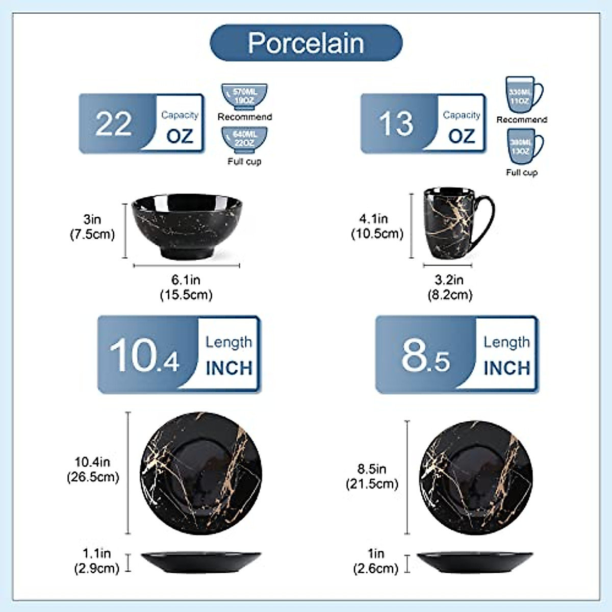 LOVECASA Black Dish Set for 8, 32 Piece Porcelain Dinnerware Sets Plates and Bowls Sets, Gold Splash Glaze Round Dinner Plates, Stylish and Modern Dinner Set with Mugs, Dishwasher & Microwave Safe