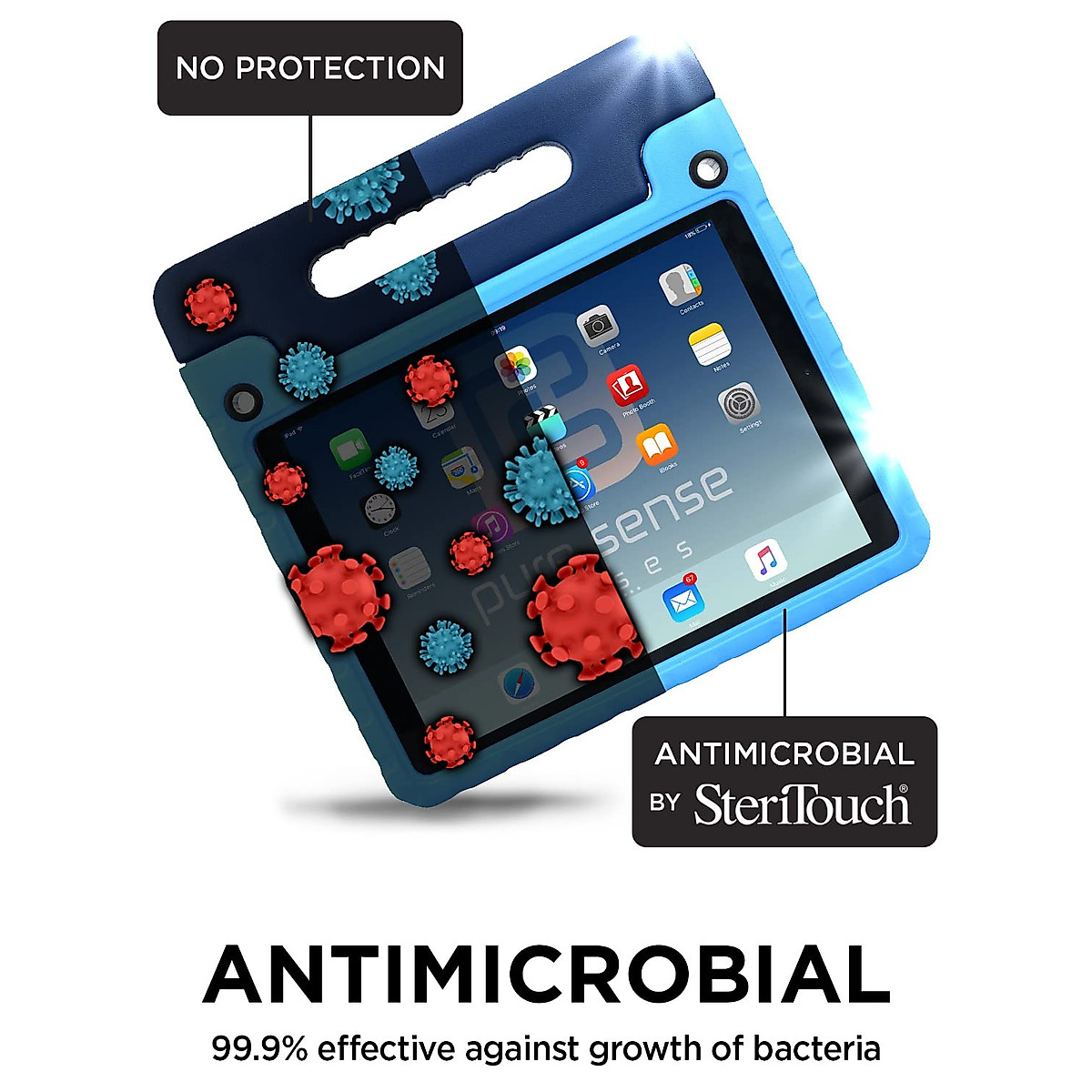 Pure Sense Buddy Antimicrobial Kids Case for iPad Pro 12.9-1st 2nd Gen 2015 2017 | Full Kit: Rugged Case Stand, Handle, Screen Protector, Strap and Spray