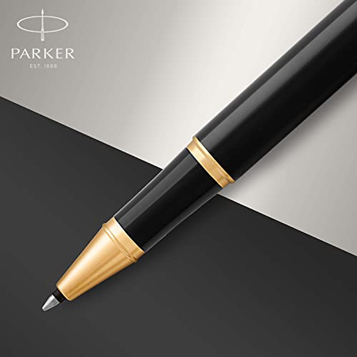PARKER IM Rollerball Pen, Black Lacquer Gold Trim with Fine Point Black Ink Refill, Gift Box (1931659), Black and Gold