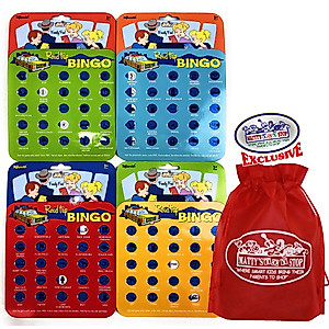 Toysmith Road Trip Bingo Cards Red, Blue, Green & Orange Gift Set Travel Bundle with Bonus Matty's Toy Stop Storage Bag - 4 Pack