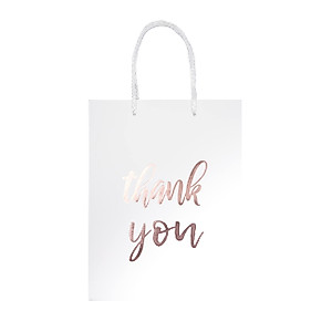 12 Pack Thank You Gift Bags - Elegant Paper Gift Bags With ‘’Thank You’’ Embossed In Rose Gold Foil Letters - Perfect For Birthday Party, Wedding Party, Paper Favor Bags 4"x 7"x 9" Inches - White