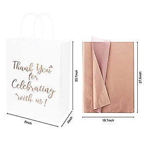 Medium Size Thank You Gift Bags with Tissue Paper - 12 Pack Bulk Kraft Paper Bags with Gold Foil Print and Handle for Birthday Party, Baby Shower, Wedding Celebration, Size 8"L x 4"W x 10"H (White)