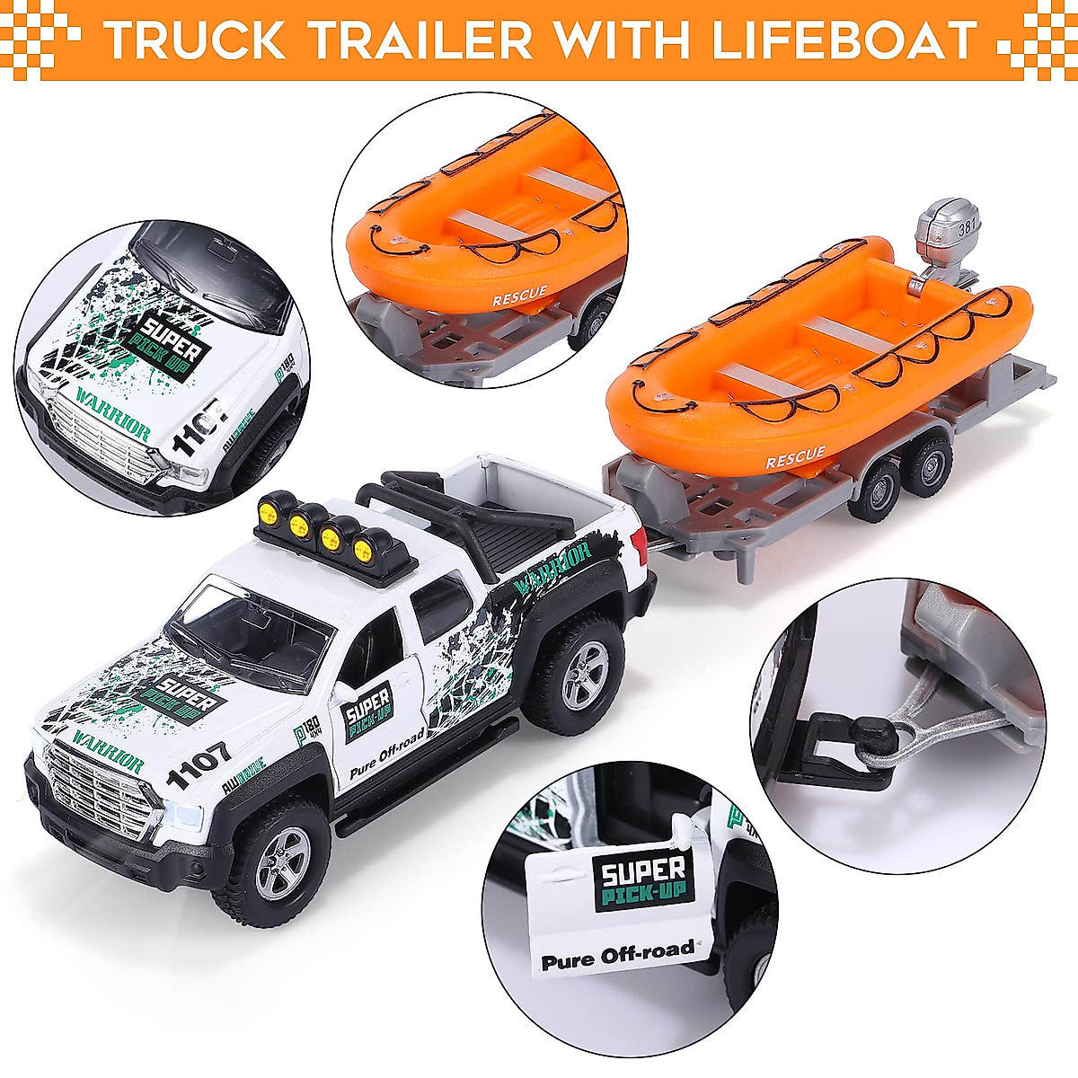 G.C 4 Pack Pickup Truck Trailer Toys for Boys&Girls Kids Toy Camper Boat Diecast Truck Vehicle 1:36 Scale Pull Back Metal Car Toys Playset with Light Sound