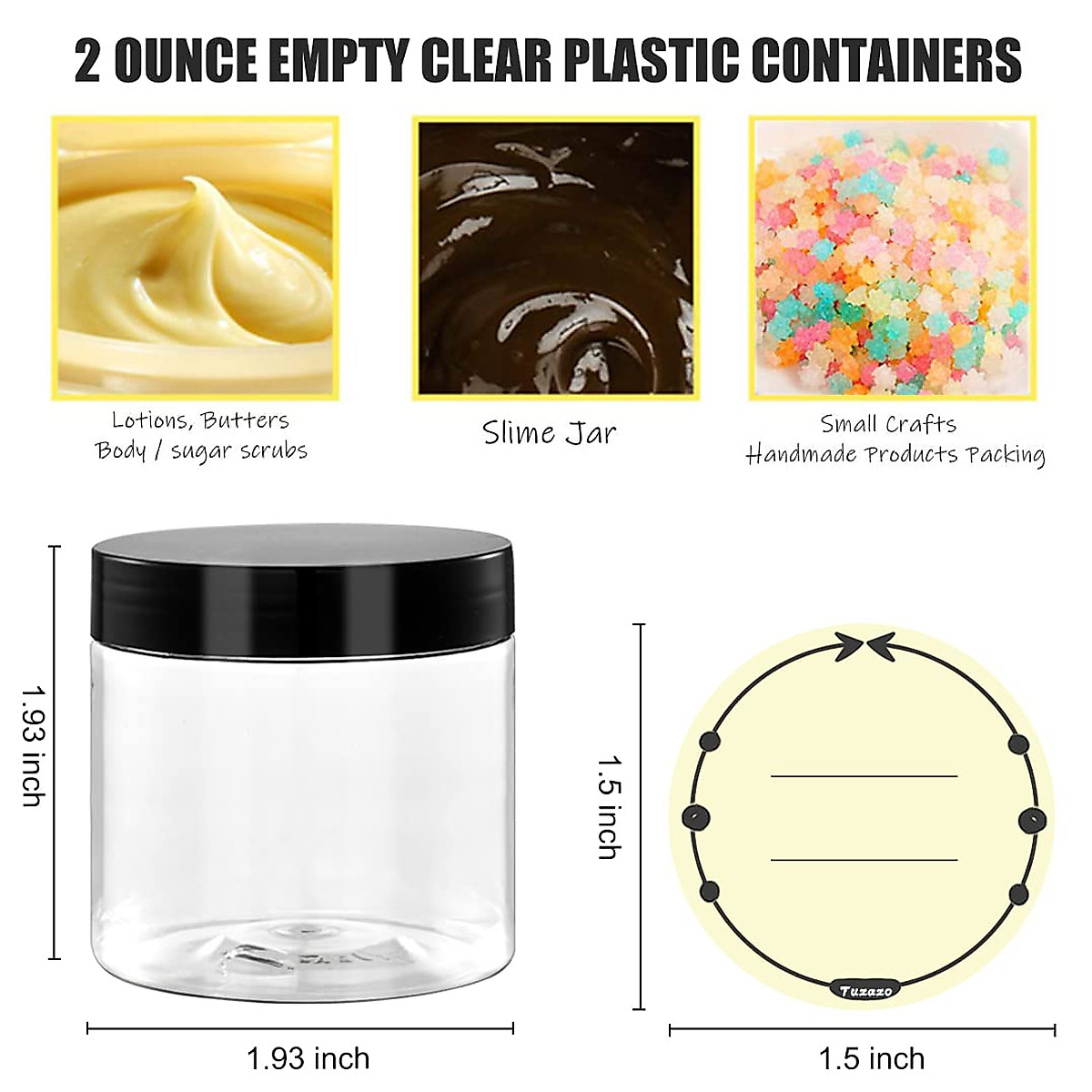 36 Pack 2 Oz Small Plastic Container Jars with Lids and Labels BPA Free, TUZAZO Empty Round Clear Cosmetic Containers Plastic Slime Jars for Lotion, Cream, Ointments, Samples, Travel Storage (36)