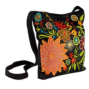 NOVICA Artisan Handmade Embroidered Cotton Blend Shoulder Bag Floral Embroidery Black Handbags Multicolor India ' Tropical Paradise'
