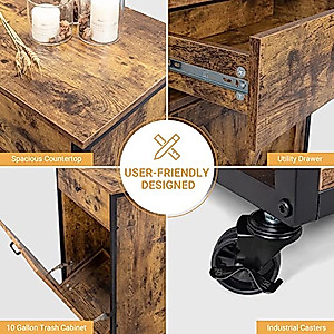 VINGLI Wood Tilt Out Trash Cabinet with Drawer, 10 Gallon Rustic Brown Trash Can Cabinet Tilt Out Barn Door Hidden Trash Can Kitchen Cabinet for Dinning Room, Living Room, Freestanding or Rolling