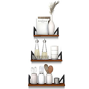 Halter Wall Book Shelves for Bedroom, Small Wall Shelf, Mounted Floating Wall Shelving, Hanging Shelves with Angle Brackets, Wall Shelves for Bedroom, Bathroom, Kitchen, Dark Brown,Set of 3