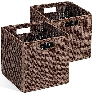 2 Pack Wicker Baskets, Graciadeco Hand-Woven Paper Rope Storage Baskets Woven, Foldable Storage Cube Bins, Storage Basket for Shelves Organizing or Decor, 12 * 12 * 12 Inches, Brown