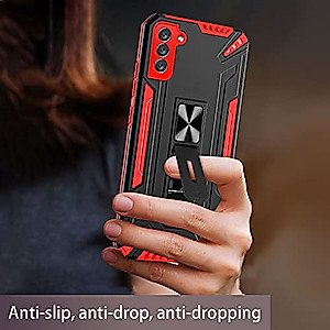 Samsung S21 FE Case, Samsung Galaxy S21 FE Case, with HD Screen Protector, [Military Grade] Ring Kickstand Hard PC Soft TPU Shockproof Protective Cases for Samsung Galaxy S21 FE (Red)