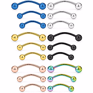 Hoeudjo 14G 18PCS Snake Eyes Tongue Rings Surgical Steel Curved Barbells Nipplerings Nipple Rings Piercing Jewelry for Women Men 14MM 16MM 19MM Silver-tone Black Rose Gold