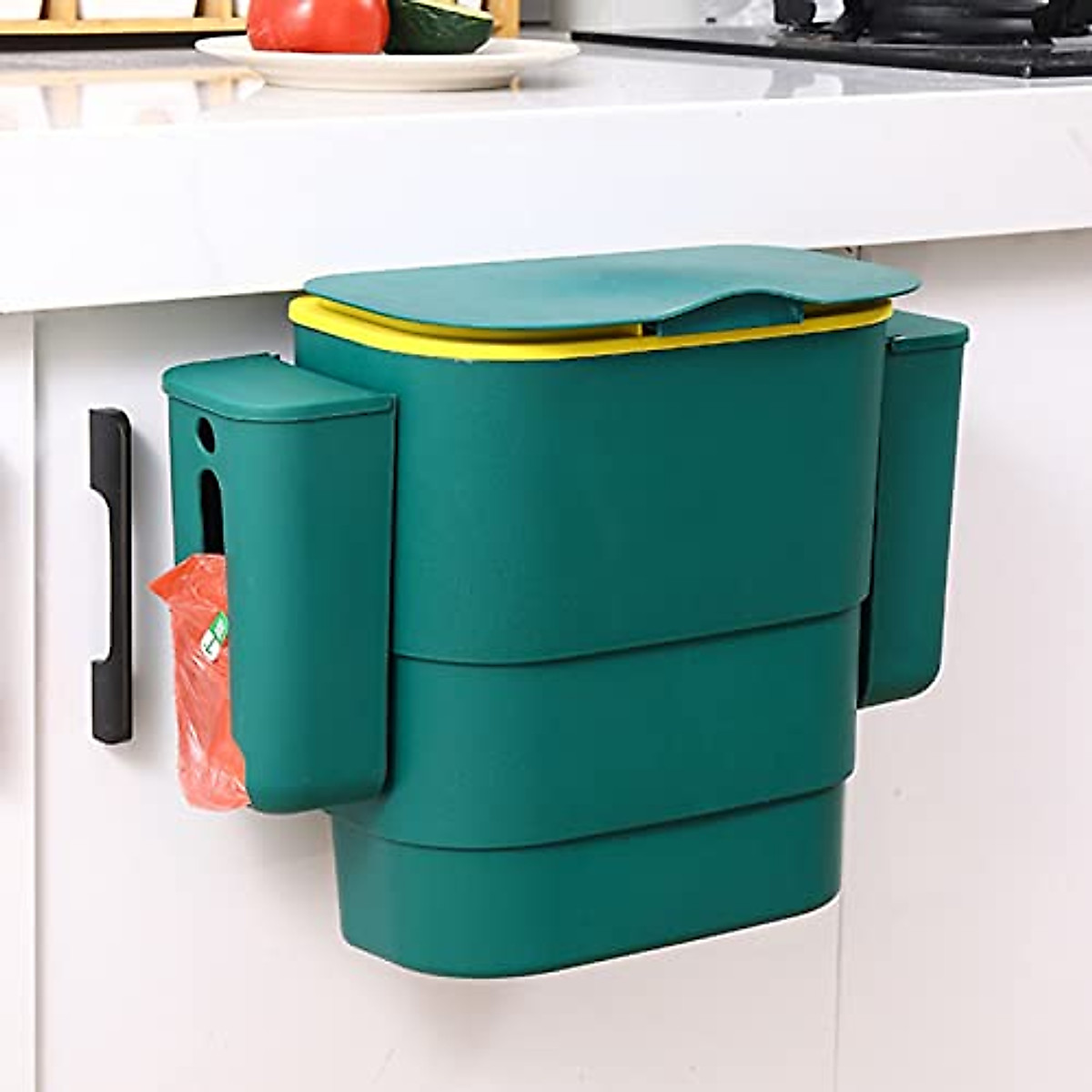 Hanging Trash Can with Lid, Kitchen Trash Can Plastic Wall Mounted Folding Waste Bin Garbage Container for Kitchen, Car, Bathroom, (Green Black)