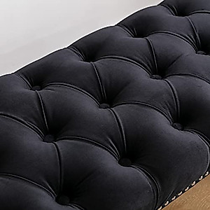 DUOMAY Tufted Ottoman Bench w/Ring Pull, Velvet Dining Bench Entryway Bench Footrest Stool Padded Seat for Living Room Bedroom, Black