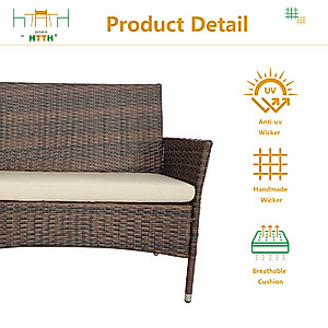 HTTH 4-Piece Outdoor Patio Furniture Sets Wicker Sofa with Cushions and Coffee Table Garden Lawn Pool Backyard Outdoor Sofa Sets (Brown-Beige)