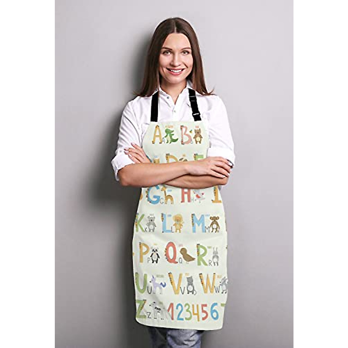 Lefolen Alphabet with Cartoon Animals Bib Apron with Adjustable Neck for Men Women,Suitable for Home Kitchen Cooking Waitress Chef Grill Bistro Baking Apron
