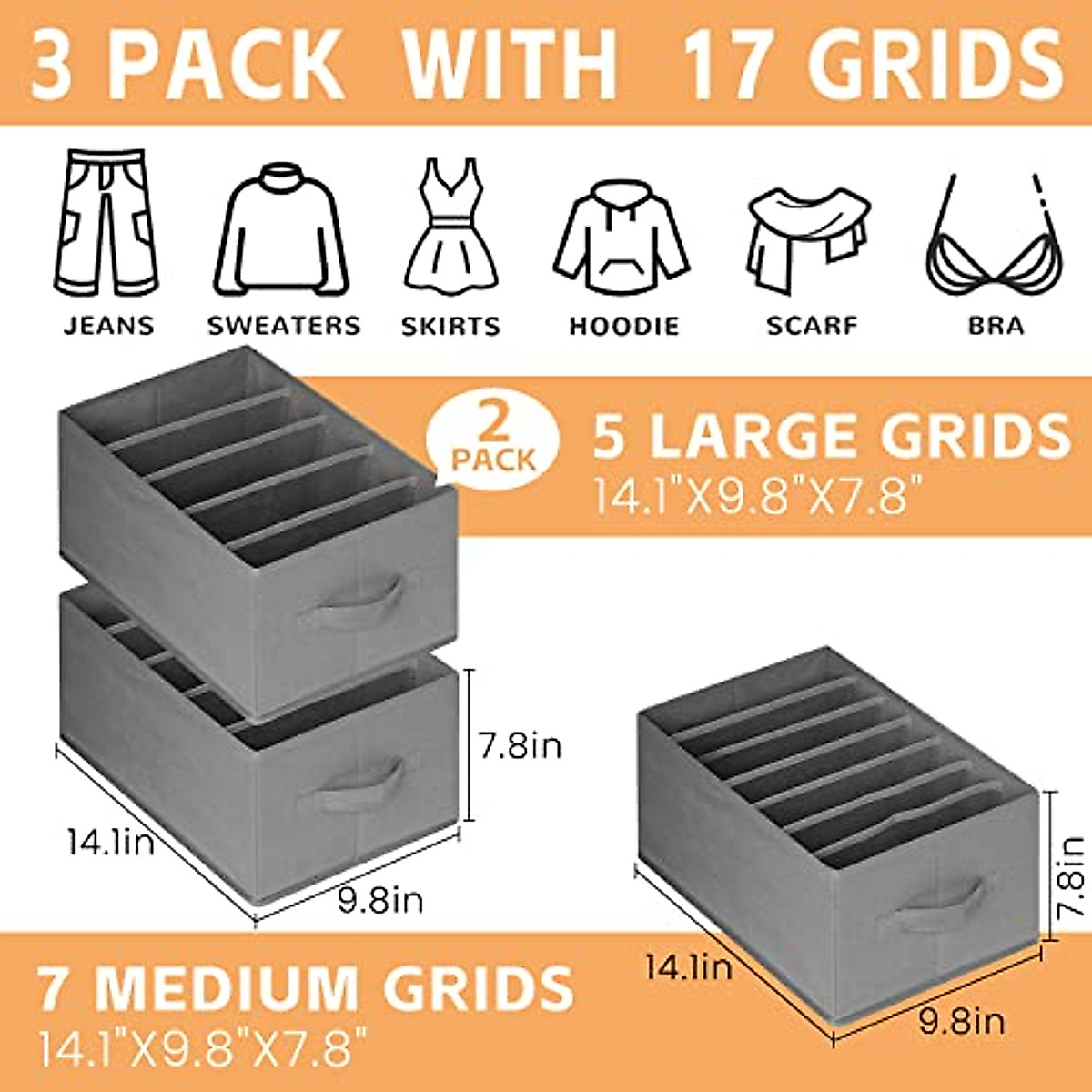 Criusia 3 Pack Large 17 Grids Closet Organizers and Storage with Handles and 6 Pack 58 Cell Sock Underwear Organizer Dividers