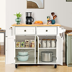 TUSY 43" Kitchen Island with Storage, Rolling Kitchen Cart with Lockable Wheels, Solid Wood Tabletop Kitchen Island Table for Kitchen, Living Room, White