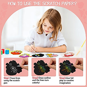 Whaline Valentine's Day Craft Scratch Paper Ornament Kit 48 Pack Cartoon Animal Art Rainbow Scratch Double-Sided Scratch Off Paper with Wooden Stylus Envelopes for Classroom Party Favor Decor