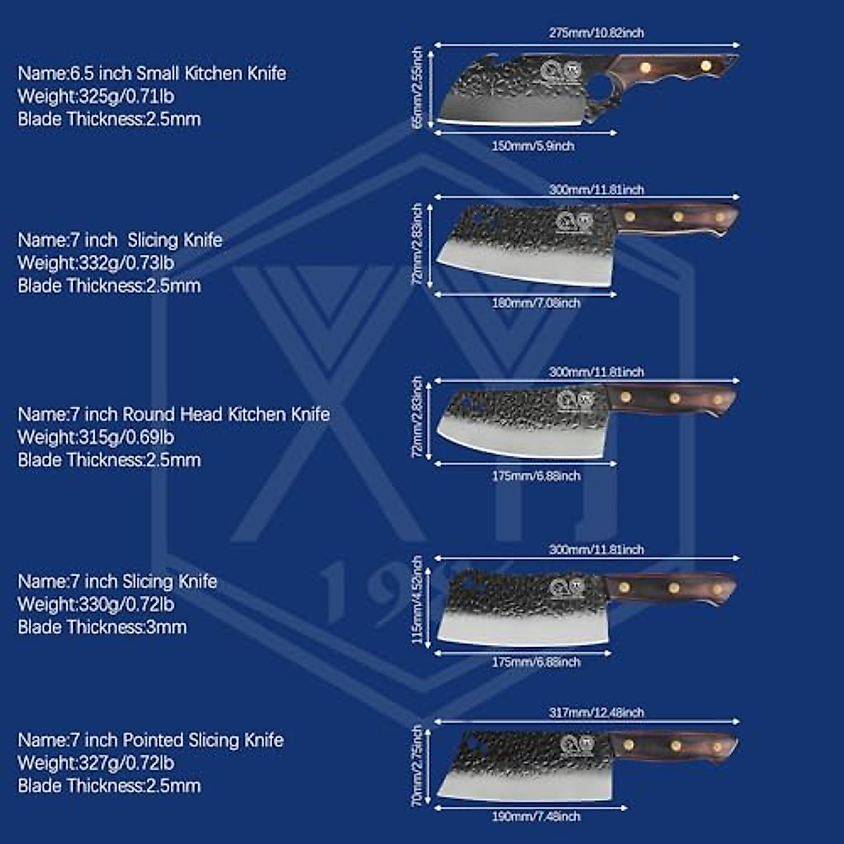 XYJ Authentic Since 1986, Forged Kitchen Knife Set, High Carbon Steel Cleavers, 5pcs Knives Set With Roll Bag, Bone Scissors, Honing Steel, Mini Knife, Sharp For Chopping Meat Vegetables
