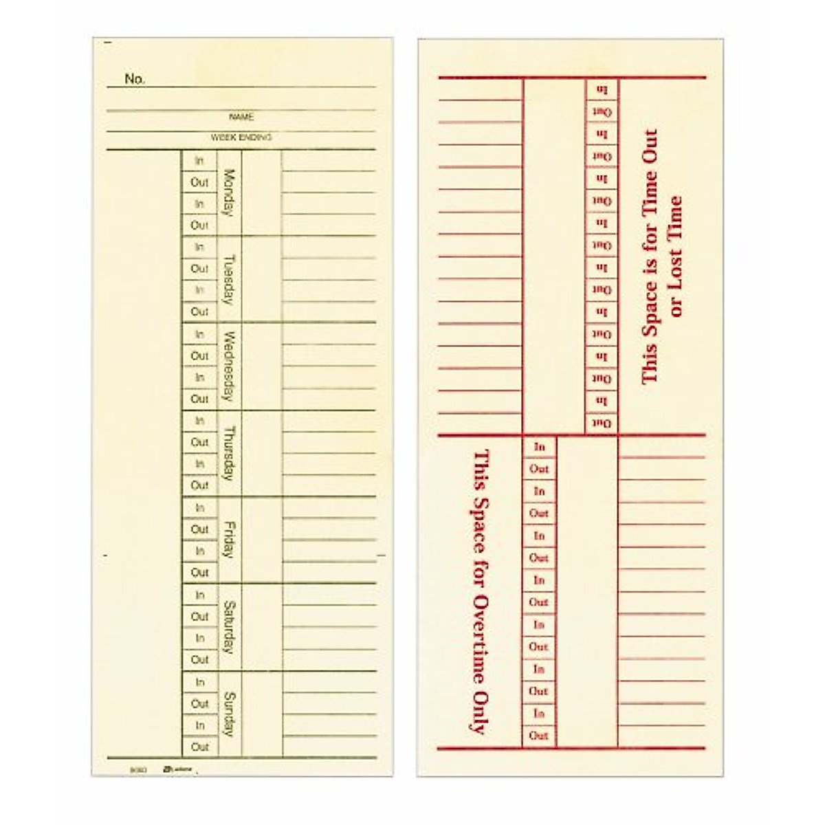 Adams Time Cards, Weekly, 2-Sided, Overtime Format, 3-3/8" x 8-1/4", Manila, Green/Red Print, 200-Count (9660-200)
