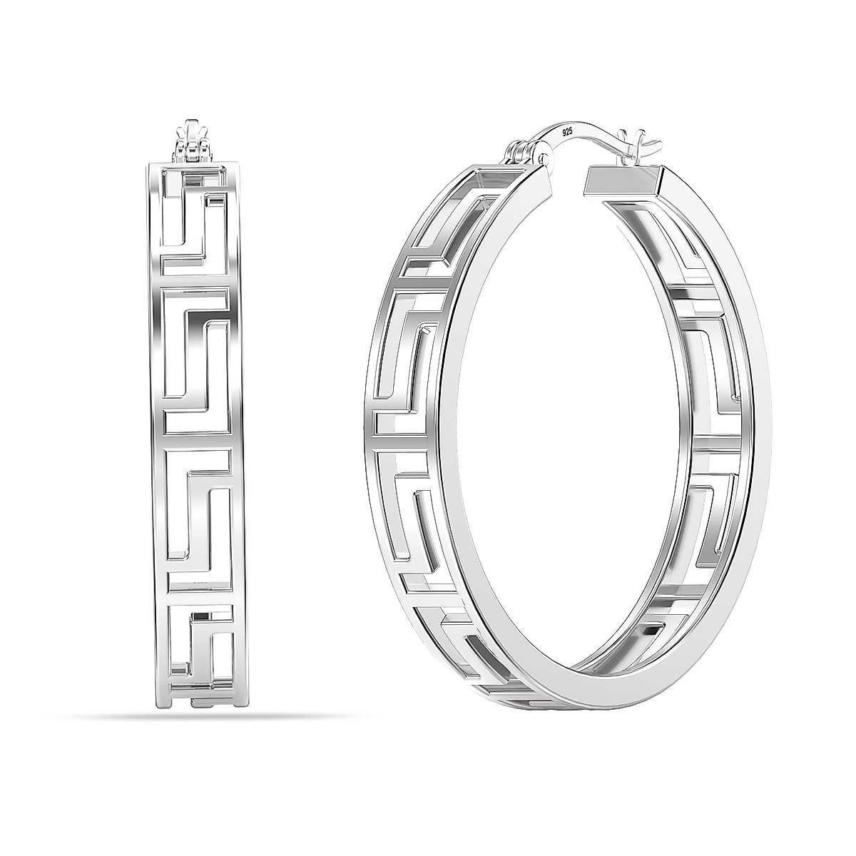 LeCalla 925 Sterling Silver Greek Key Pattern Hoop Earrings | Medium Lightweight Greek Wall Cut-Out Hoop Earrings for Women - 30MM