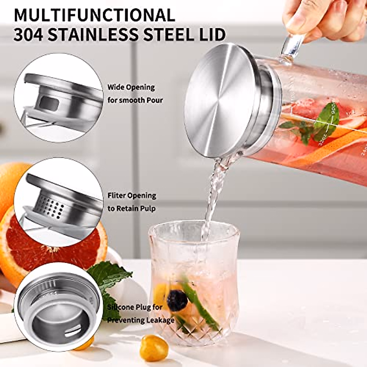 Fridge Door Water Pitcher with Lid,Drink Pitcher,40 oz/1200ml Glass Water Pitchers,Heat Resistant Borosilicate Water Jug for Juice,Beverage,Ice Tea,Milk,Lemonade (1200ml)