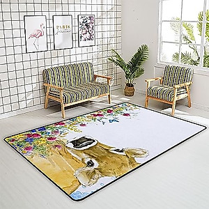 ZHIMI Large Area Rug Runner Mats Cow Red Yellow Flowers Butterfly Non-Slip Anti-Fatigue Absorbent Super Soft Rugs Pads for Laundary Living Room Bedroom Toilet Kitchen Polyester 72x48in