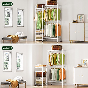 LEHOM G3 Garment Rack Heavy Duty Clothes Rack for Hanging Clothes, Freestanding Portable Wire Clothing Rack with Shelves, Adjustable Wardrobe Closet Rack, DIY Hanging Clothes Racks for Bedroom,White