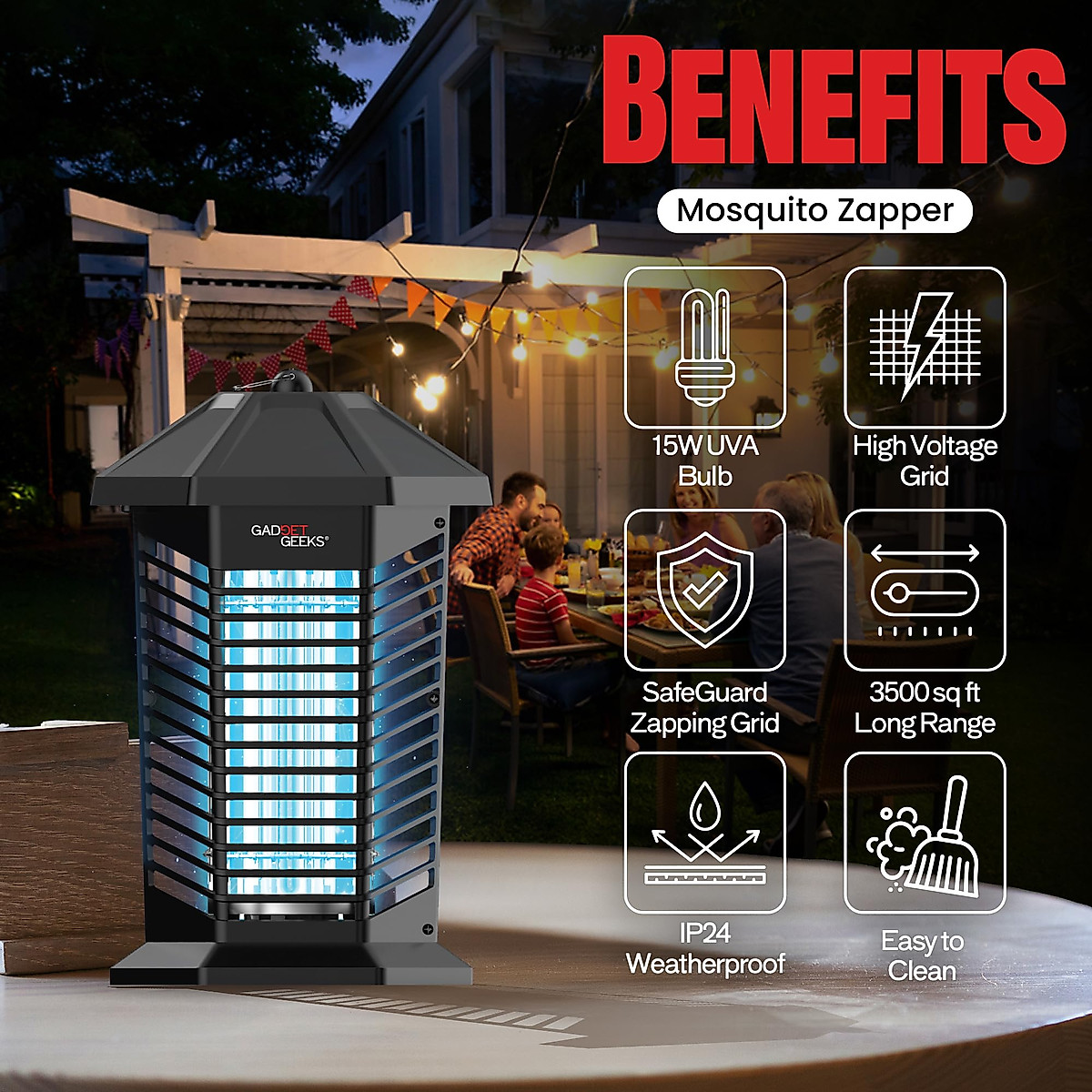 Gadget Geeks Mosquito Bug Zapper Outdoor & Indoor Electric, Mosquito Zapper, Fly Zapper Trap, Mosquito Killer with On Off Switch & 15W Replaceable UVA Bulb, 3500sq ft Large Range