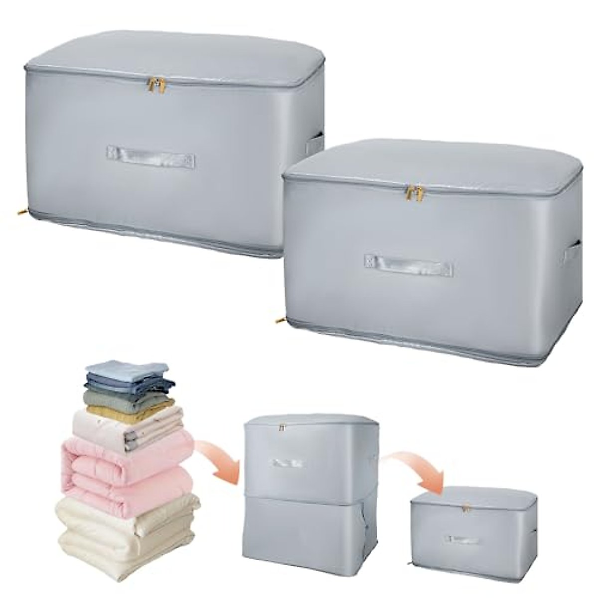 2 Pcs Ultra Space Saving Self Compression Organizer, Comforter Storage Bag, Moving Bag for Comforters, Clothes, Blankets, Bedding, College (X-Large, Gray)